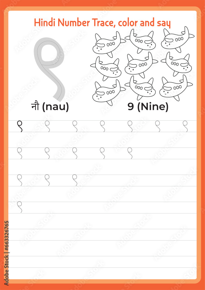 Vector de Stock Hindi Numbers Worksheet | Trace, color and say ...