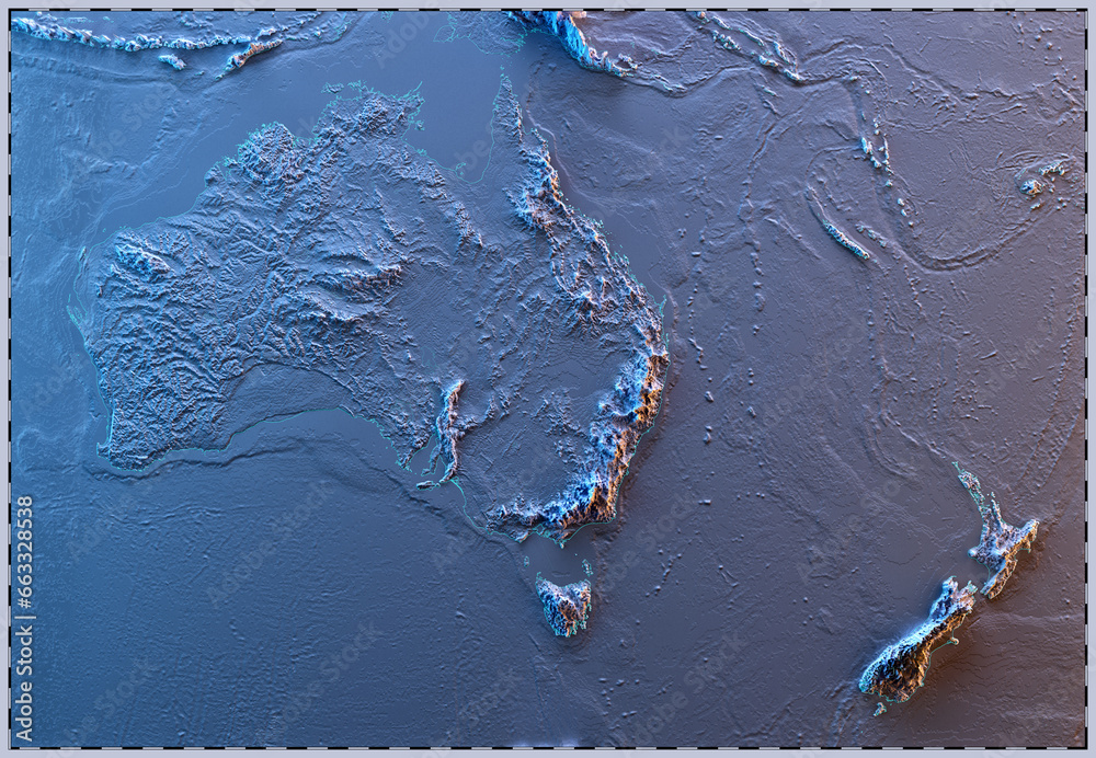 3D map of Australia with exaggerated topographic relief and borders ...
