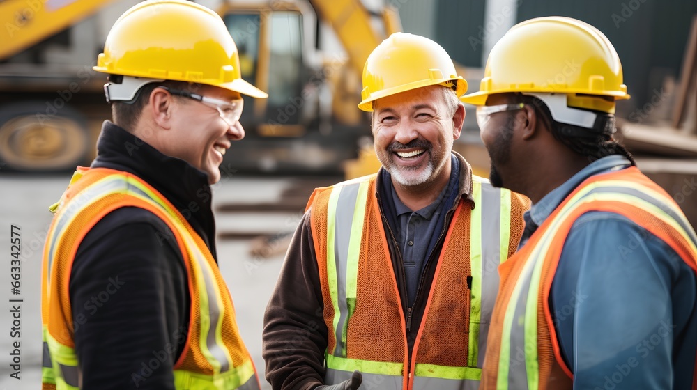 Diverse group of construction workers with friendly conversation on ...