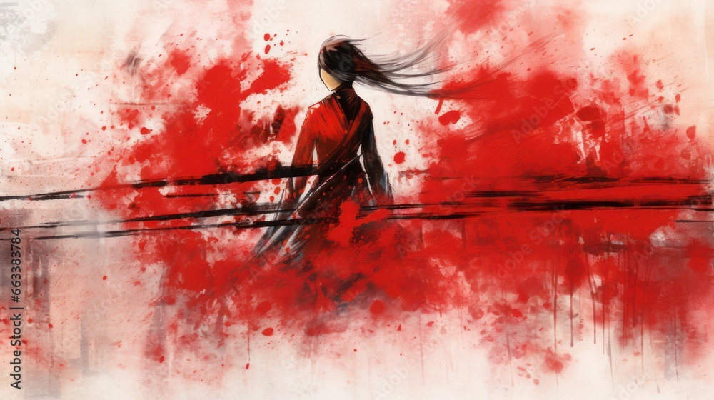 Colorful abstract painting on a modern exterior wall, Japanese female ...