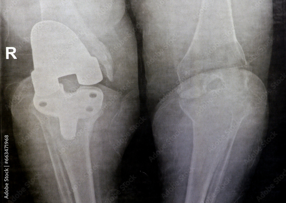 Plain X-ray of knee joints, right side shows total knee replacement ...