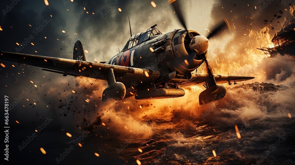 A WWII battle scene, somewhere in the Sea of Japan, WWII fighter jets ...