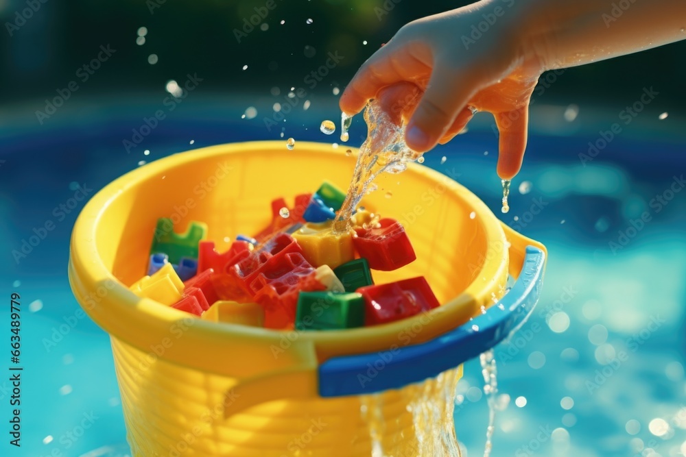 A child's hand is pouring water into a yellow bucket filled . This ...