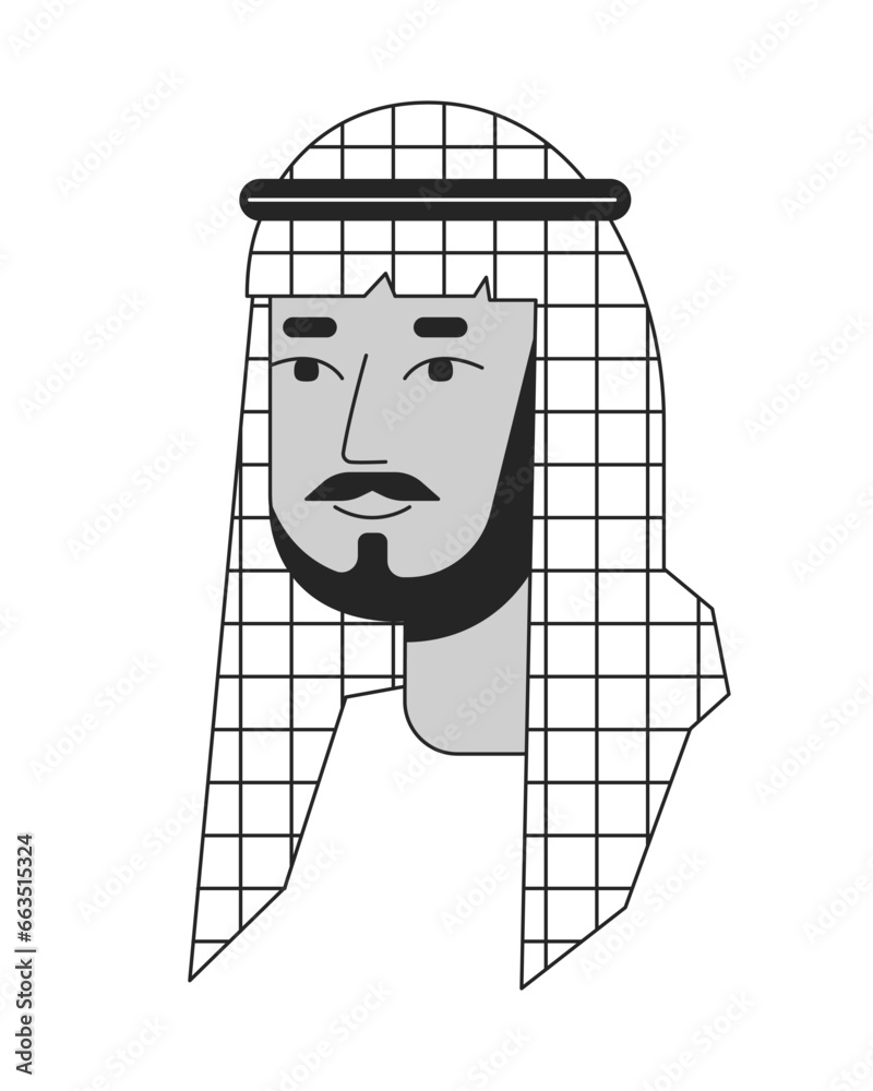 Bearded saudi man wearing keffiyeh black and white 2D line cartoon ...