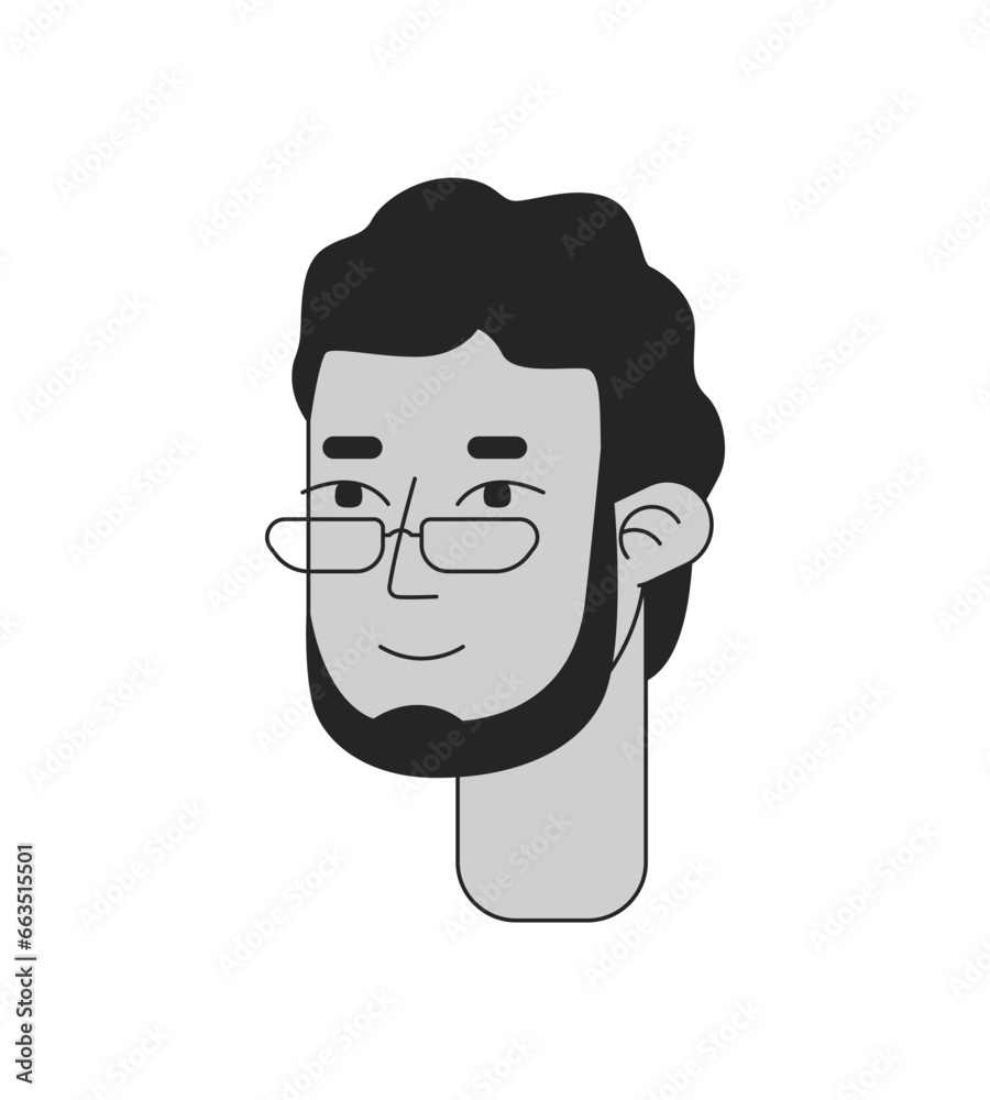 Eyeglasses middle aged arab man black and white 2D line cartoon ...