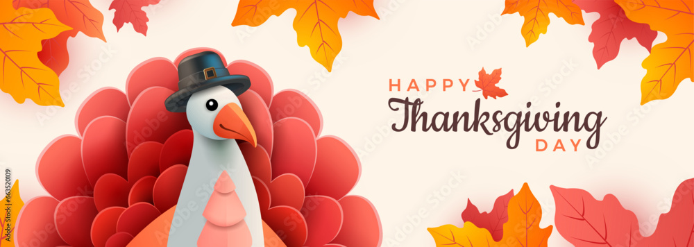 Happy Thanksgiving day banner. Thanksgiving turkey and autumn leaves ...
