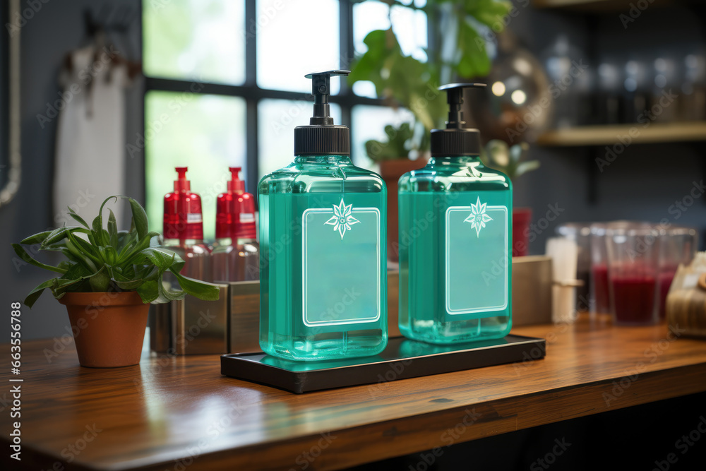A classroom with hand sanitizer stations and signage promoting hand ...