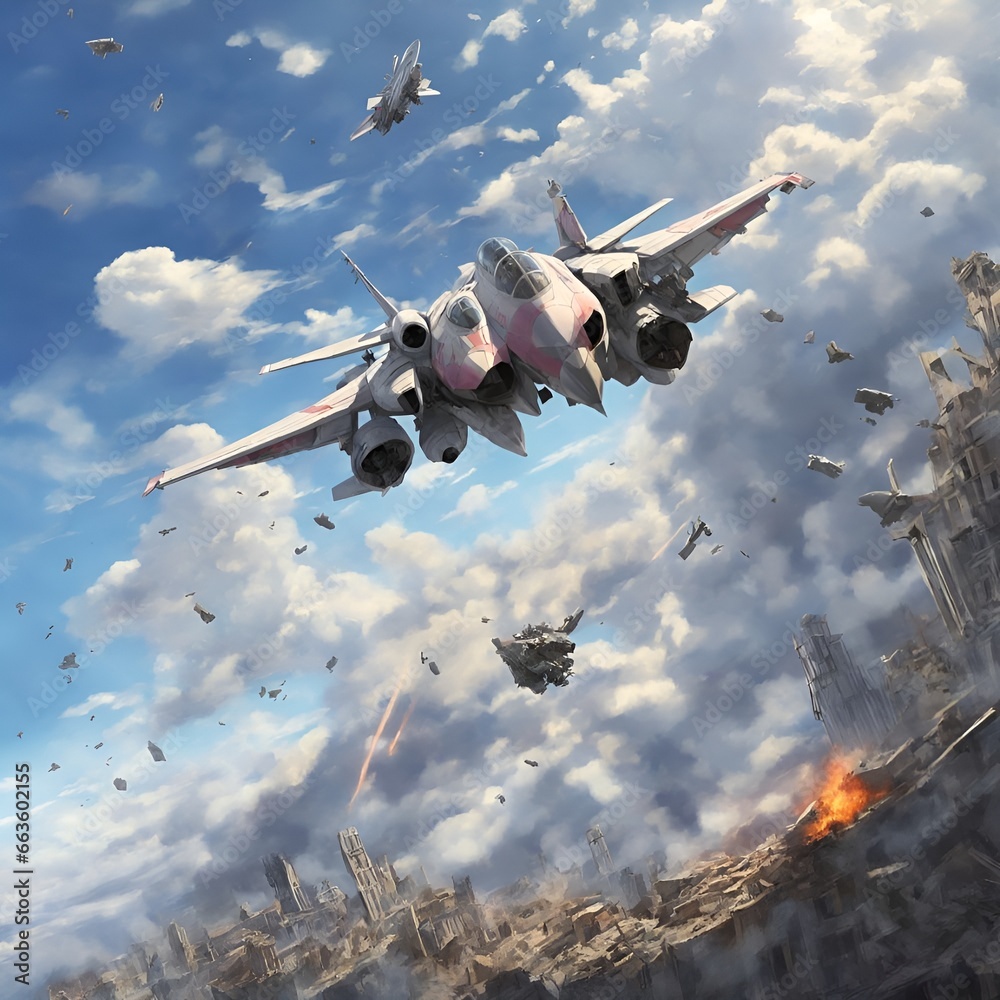 sky to a fighter jet in a distance, firing missile ruins of a city ...
