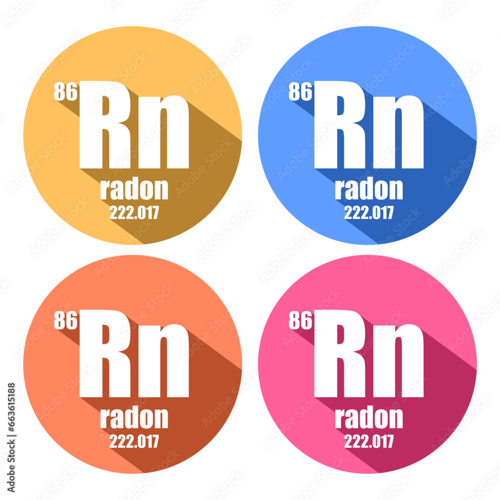 Radon chemical element. Sign with atomic number and atomic weight with long shadows. Chemical ...