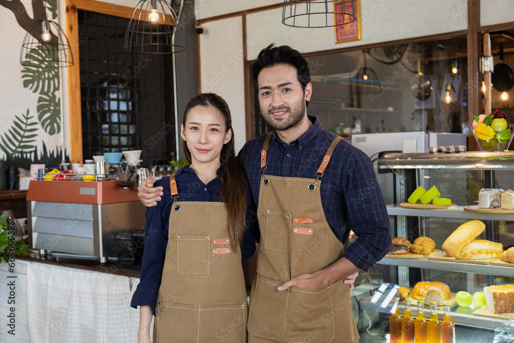 Multicultural couple startup small business bakery cafe restaurant ...