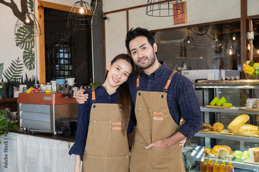 Multicultural couple startup small business bakery cafe restaurant ...
