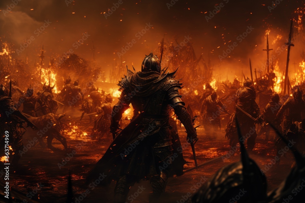 Medieval Hero in Battle Armor: Dark Knight Silhouette on a Fiery War ...