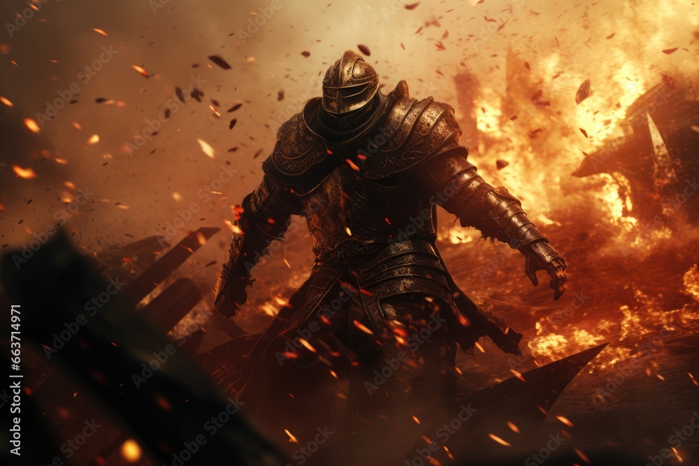 Medieval Hero in Battle Armor: Dark Knight Silhouette on a Fiery War ...