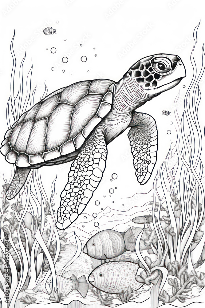 coloring page of a sea turtle in underweater scene line art hand drawn ...