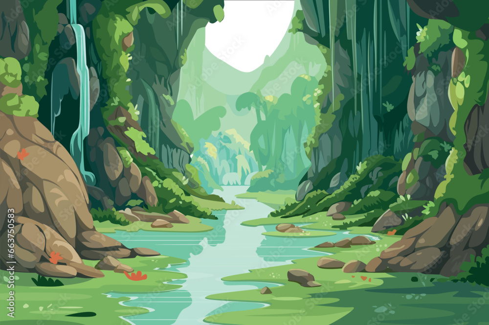 Image vectorielle Stock Background river in the jungle in the flat ...