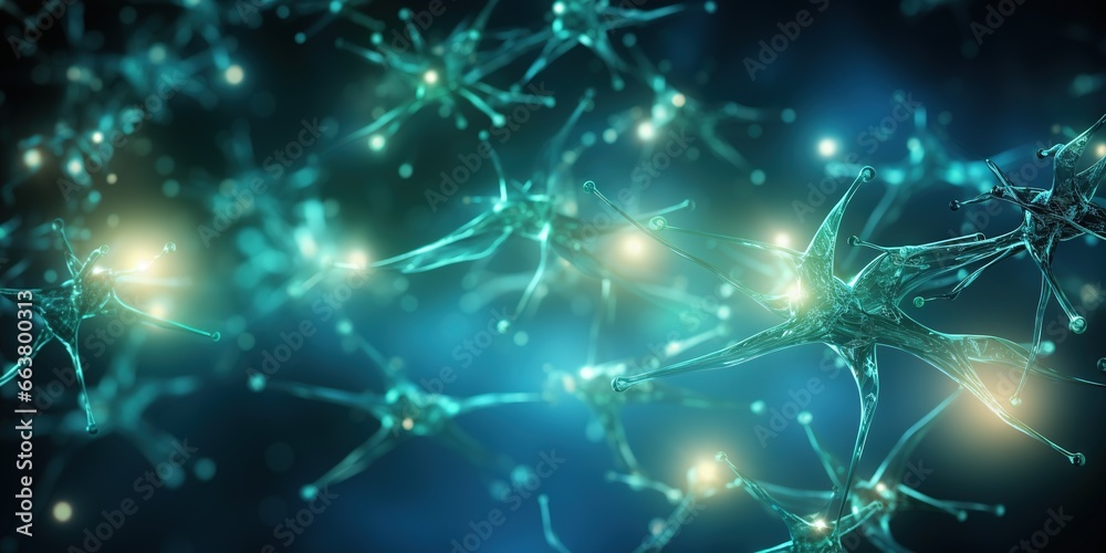 Neuron cells with glowing link knots. Blue green Neurons in brain. Stock Illustration | Adobe Stock