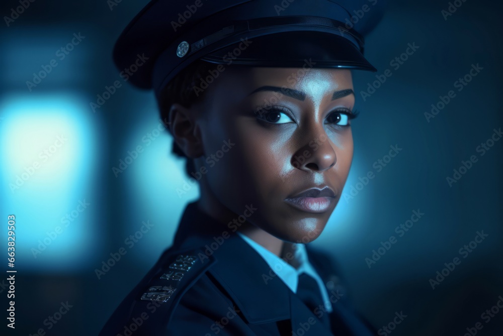 Black female police officer. Police woman in working patrol uniform ...
