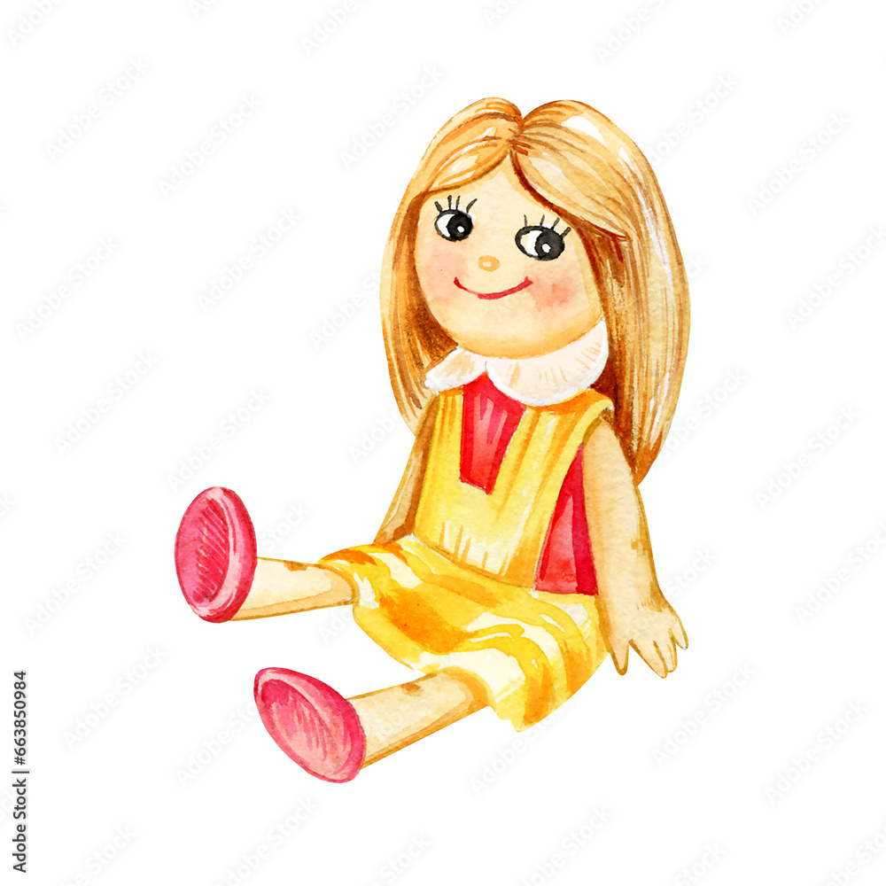 watercolor sitting smiling cute rag doll, hand drawn illustration of ...