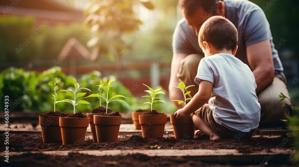Father and son planting young sprout together, teaching importance of ...