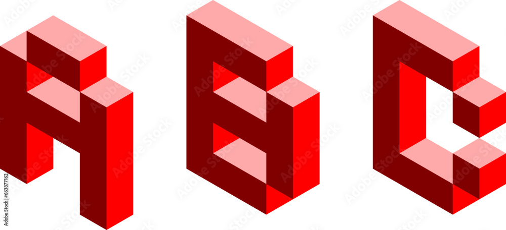 ABC Voxel Art 3D Style Isometric Perspective View Shaded Red Letter ...