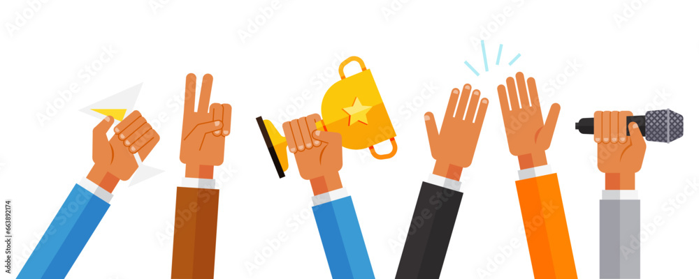 Human hands with various objects. People crowd rejoice, congratulate ...