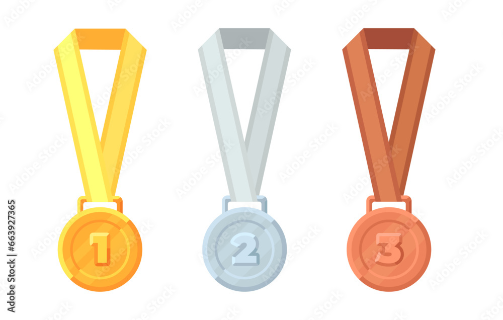 Gold, silver, and bronze medals with colored ribbons. Flat ...