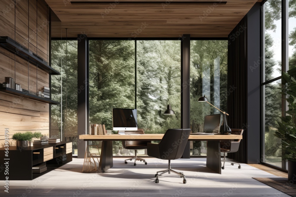 Modern Rustic Office with Expansive Forest View Through Tall Windows ...