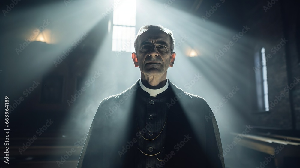 Victorian-era portrait of a Catholic priest inside a church, mysterious ...