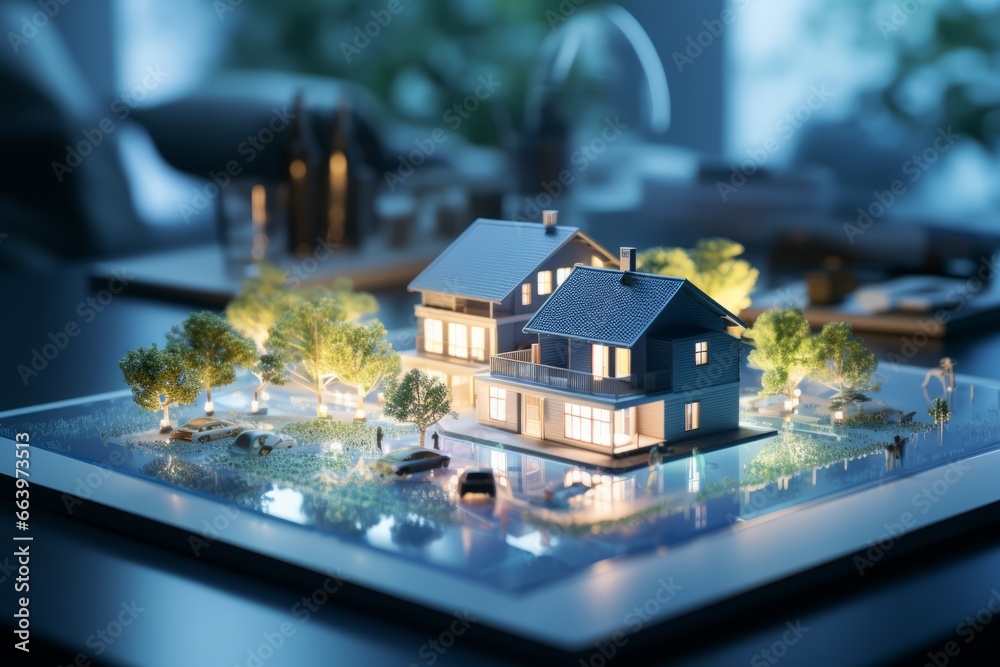 Illustration of a miniature house and garden model displayed on a table ...
