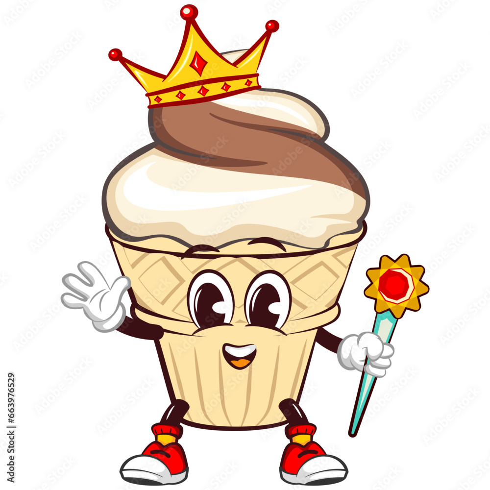 character mascot of ice cream cone with funny face of king with crown ...