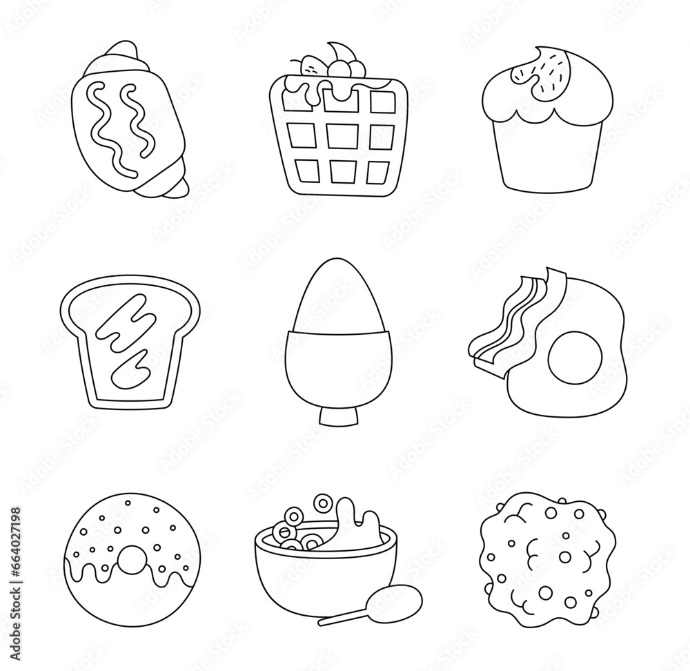 Breakfast morning. Coloring Page. Toast, egg, croissant, donut, waffle ...