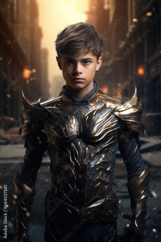Young white teen boy child wearing a futuristic metallic armor ...