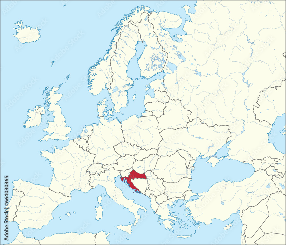 Red CMYK national map of CROATIA inside detailed beige blank political ...