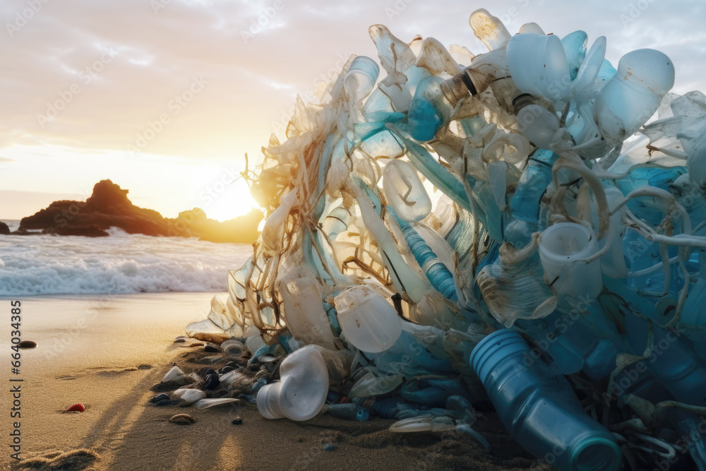 Pollution in ocean. Plastic bottles and waste washed up on a beach ...