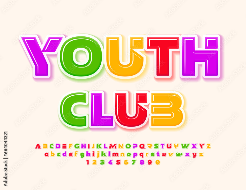 Vector creative flyer Youth Club. Bright Futuristic Font. Modern colorful Alphabet Letters ...