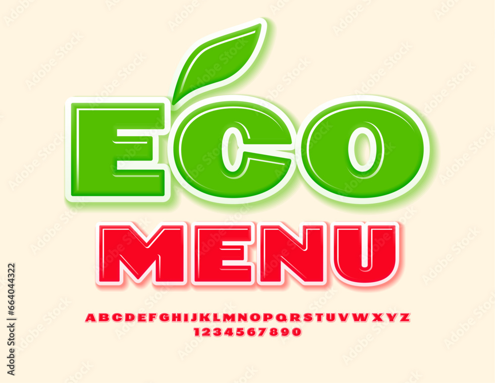 Vector bright concept Eco Menu. Creative Red Font. Modern Alphabet Letters and Numbers set ...