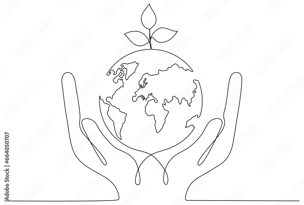Human hands holding Earth globe with leaves continuous line drawn ...