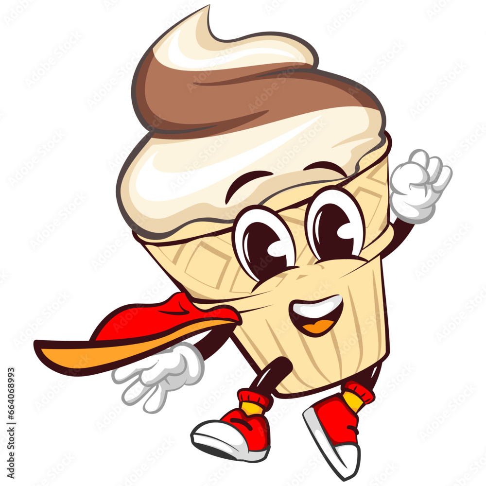 character mascot of ice cream cone with funny face superhero is flying ...