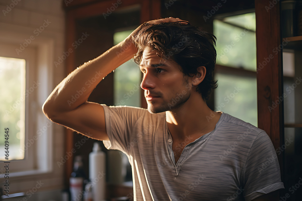 Young guy looks in mirror touch hair feels concerned due to receding ...