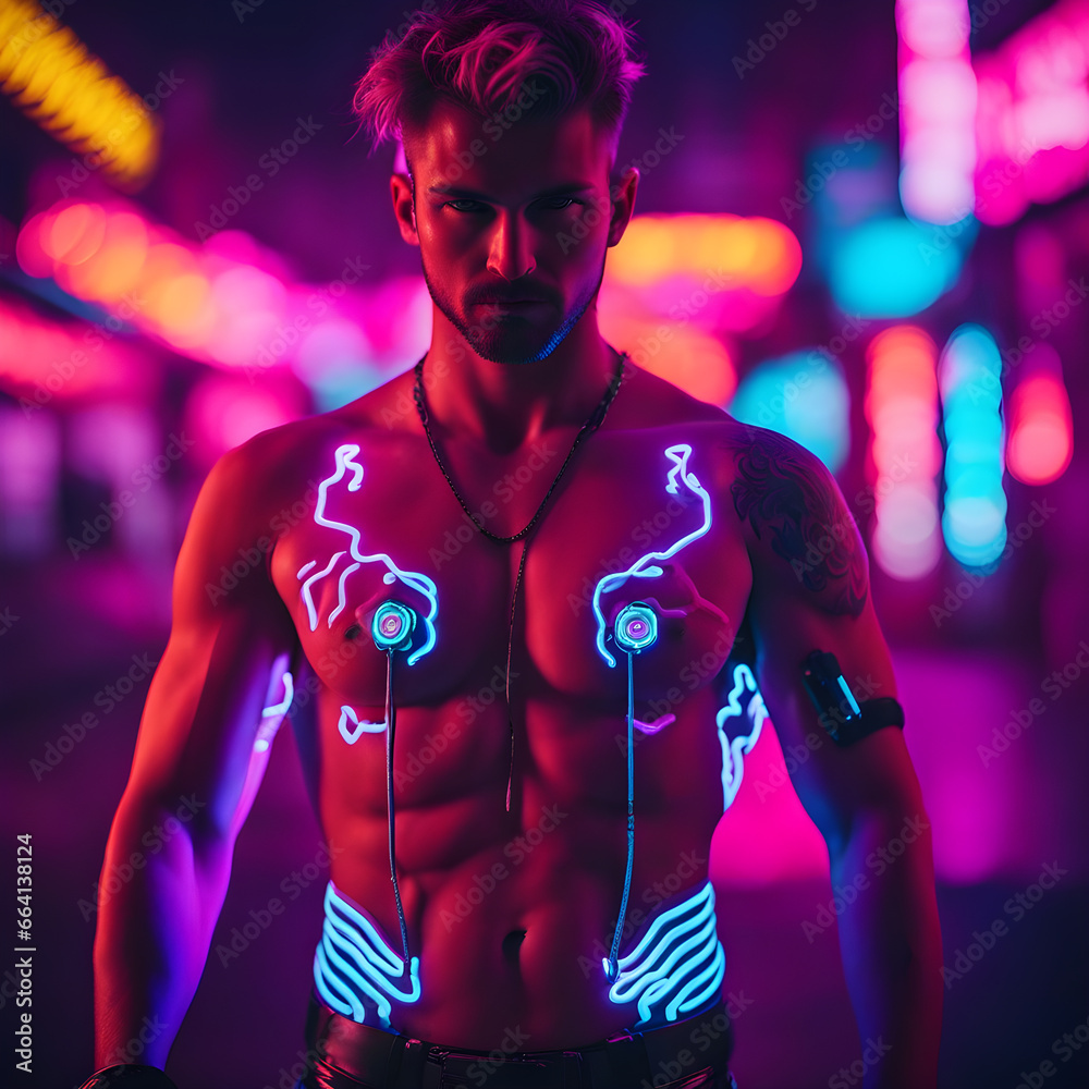 bare-chested man with cybernetic implants in a futuristic city with ...