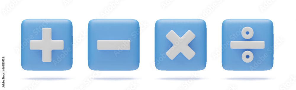 3d plus, minus, multiplication and division blue buttons set ...