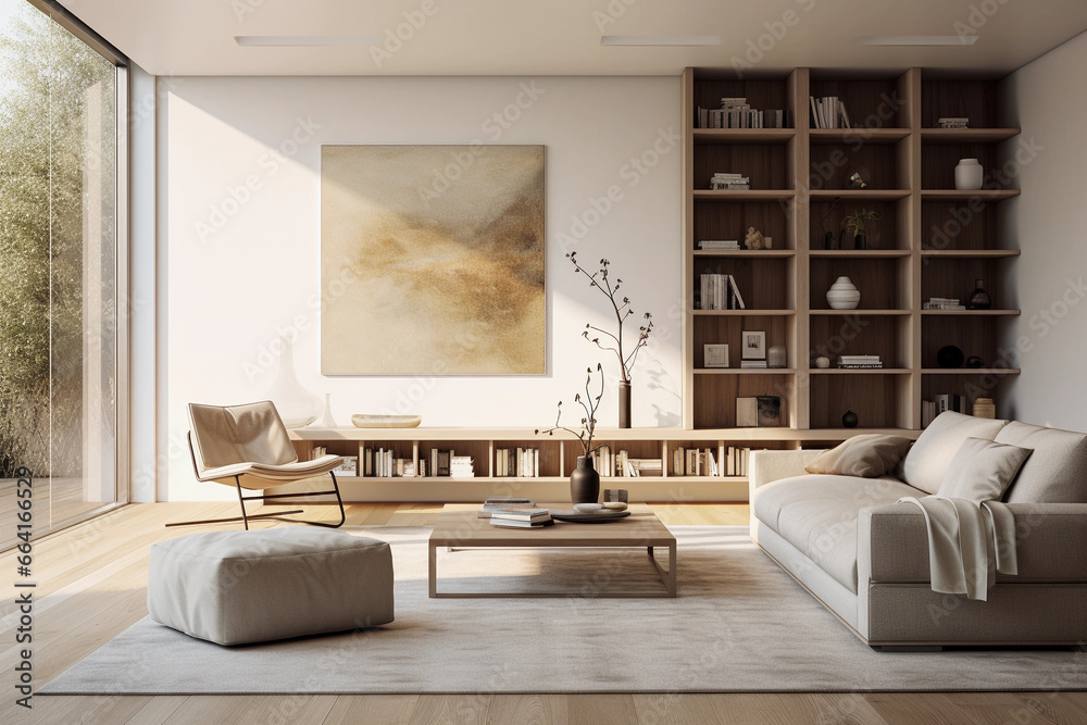 A modern living room, interior design with free space on right, beige ...