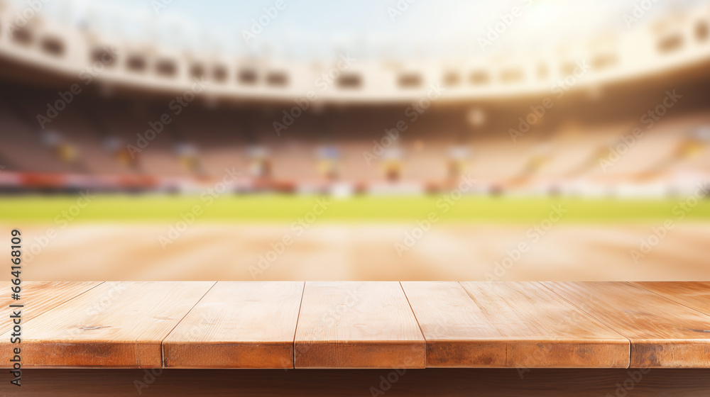 Empty wooden table with stadium bokeh background. Template mock up for ...