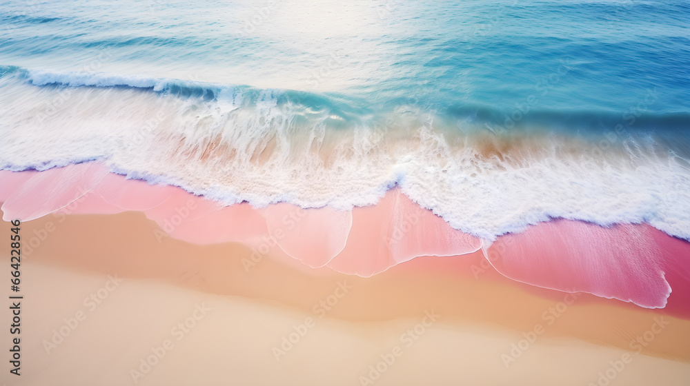 pink ocean waves. Beautiful sandy beach with pink sea background ...