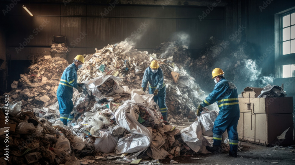 Workers in safety gear sorting through a pile of recyclable materials ...