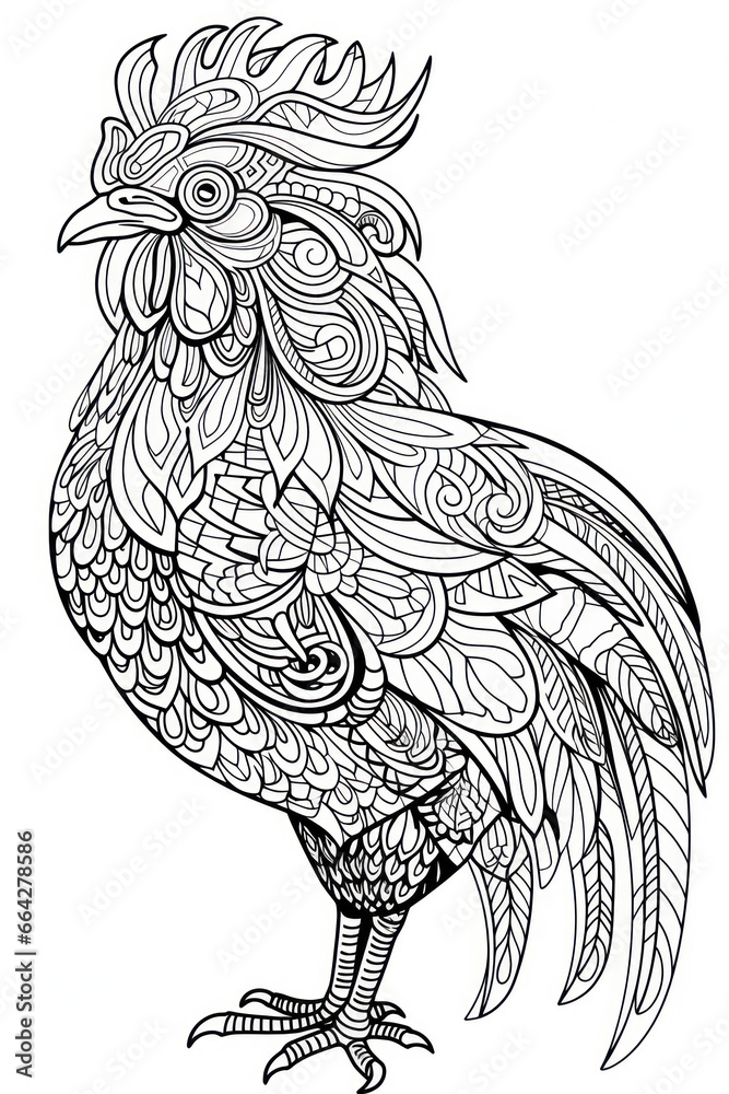 Cute chicken coloring page with mandala element in a line art hand ...