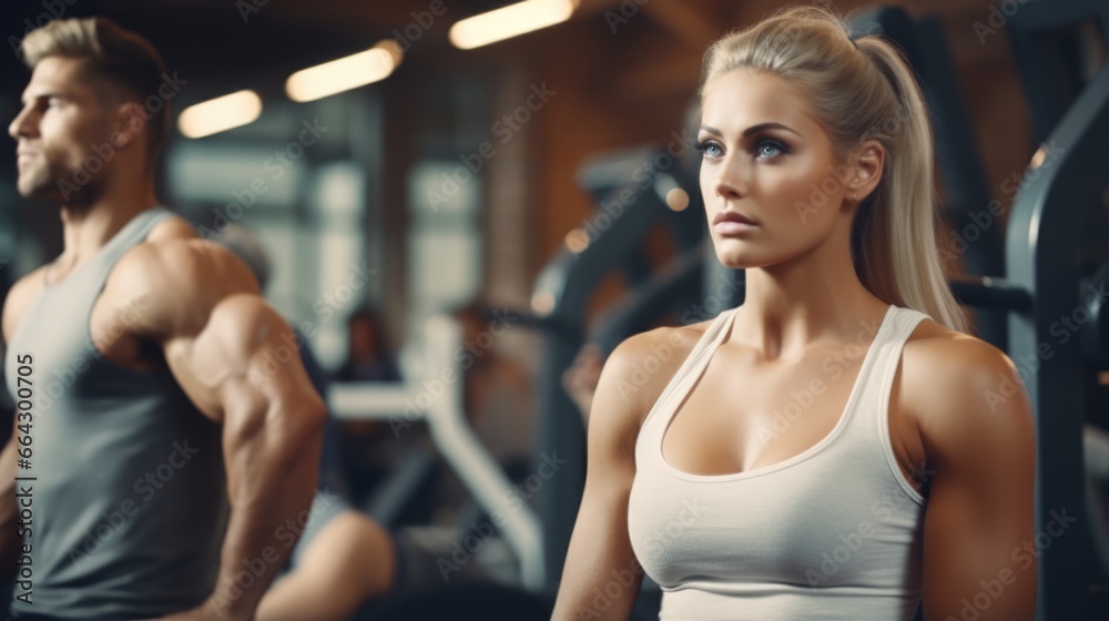 Fit and toned woman at gym working out with dumbbells. Fictional ...