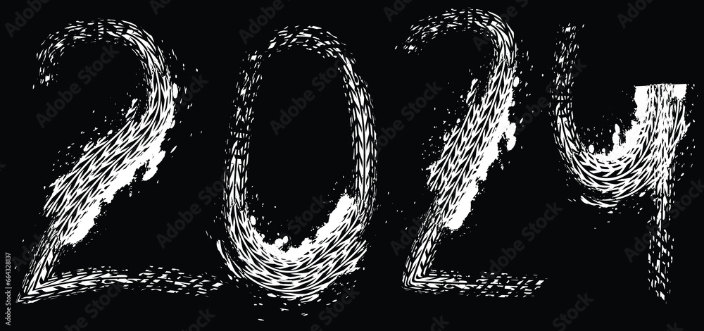 Happy New Year 2024 Black And White Urban Vector Texture Template. Dark ...