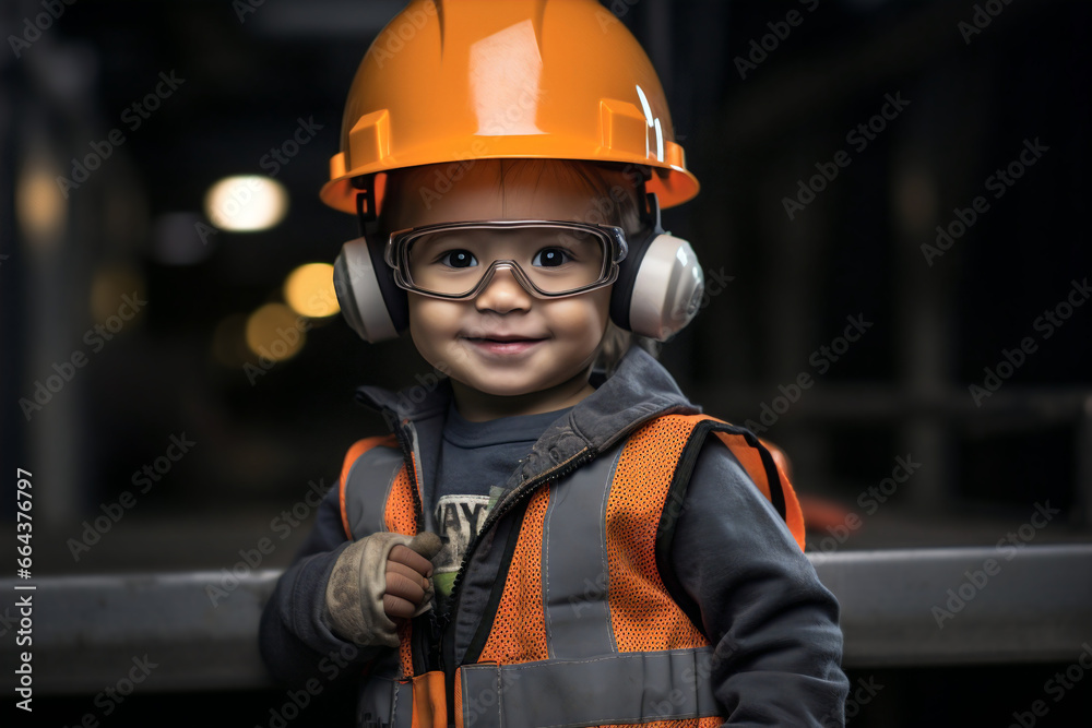 portrait of baby construction worker on site wearing safety glasses ...
