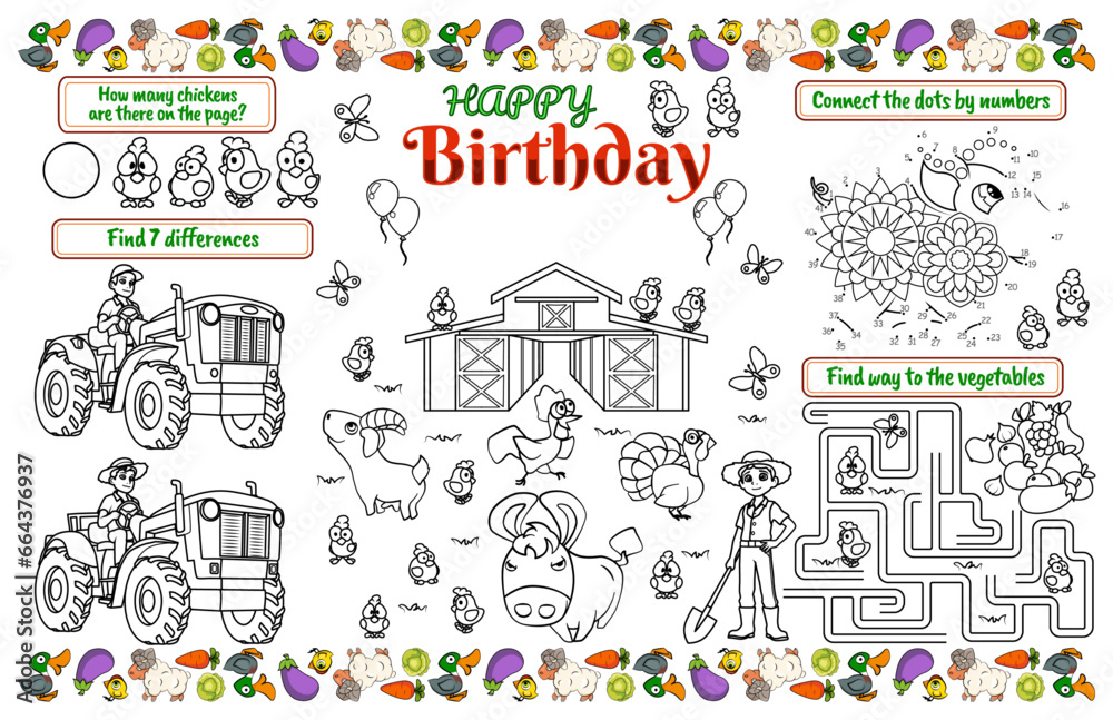 Festive placemat for children. Print out the farm-themed happy birthday ...